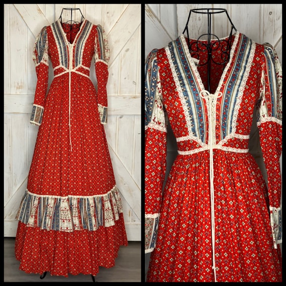 RARE 70's Vintage Gunne Sax Red White Blue Calico Str… - Gem