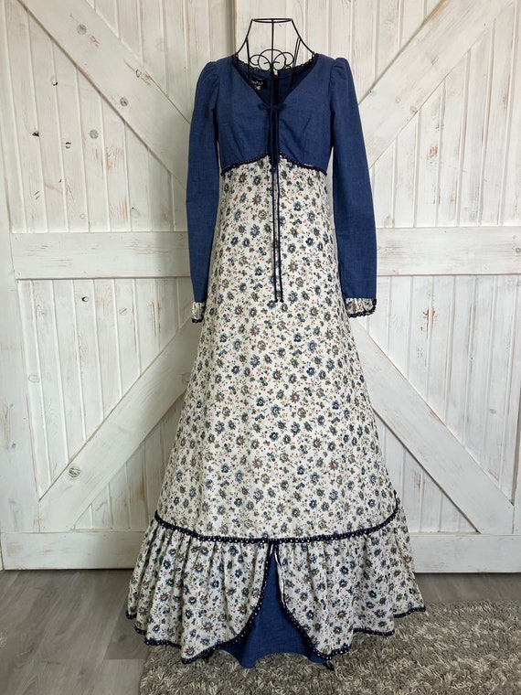 1969 Vintage Gunne Sax Black Label Blue Chambray Whit… - Gem