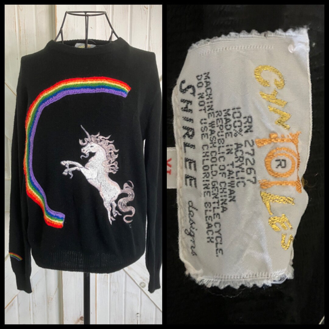 70's Vintage Cyn Les Cynless Shirlee Black Rainbow Unicorn Pride Knit ...