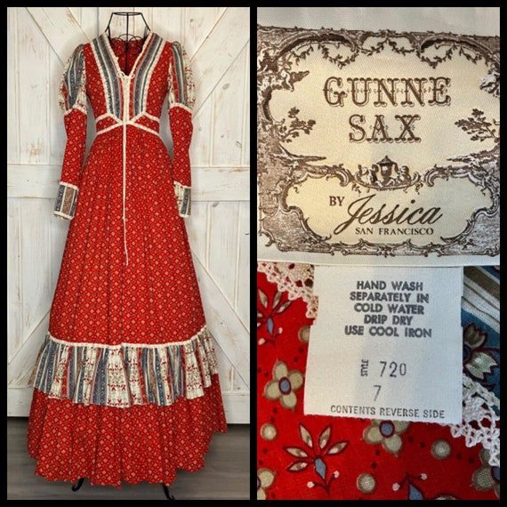 RARE 70's Vintage Gunne Sax Red White Blue Calico Str… - Gem