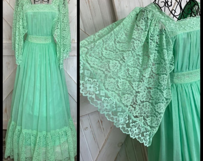 70's Vintage Candi Jones Green Lace Angel Sleeve Gunne Sax STYLE Stevie ...