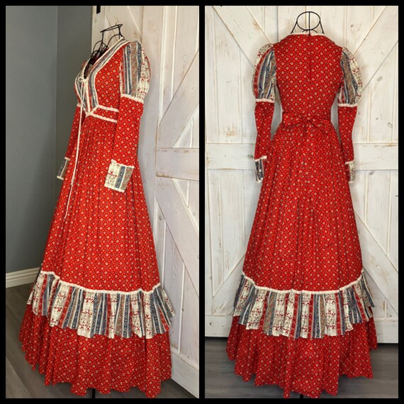 RARE 70's Vintage Gunne Sax Red White Blue Calico Str… - Gem