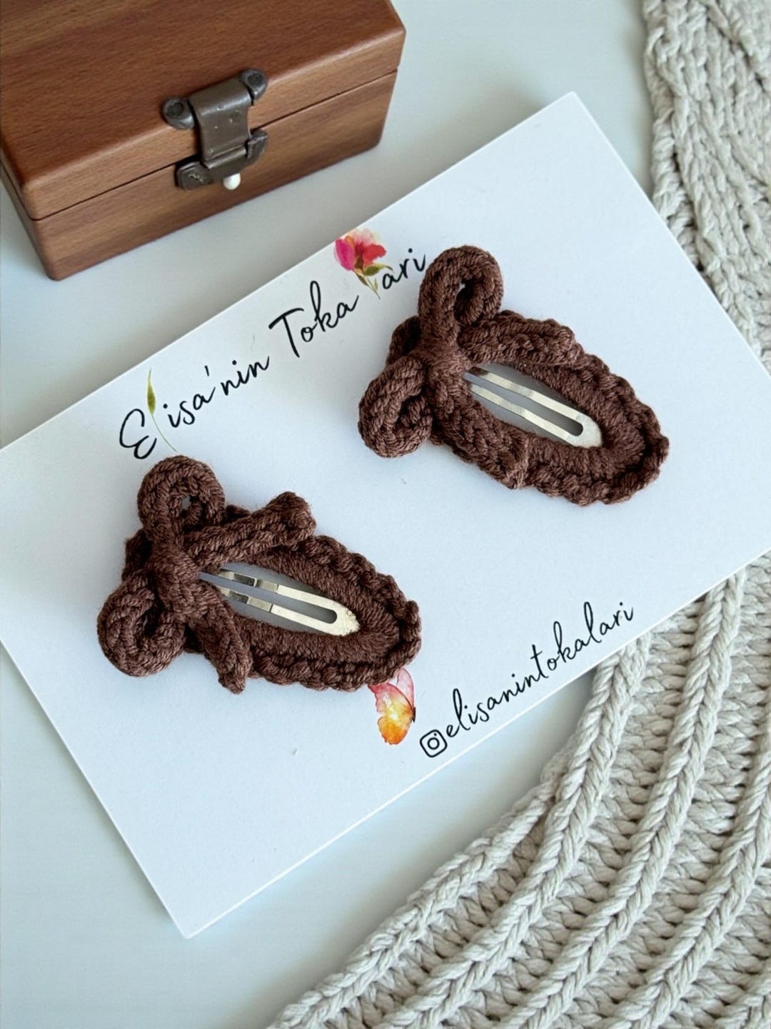 Handmade Crochet Bow Snap Clip Set of 2 | Brown Cotton Hair Barrettes ...
