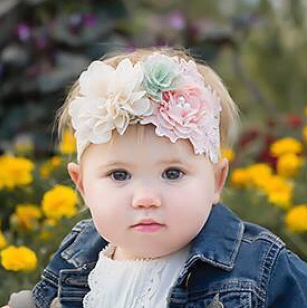 Peach Flower Baby Headband: Ivory Lace, Newborn Photo Prop - Etsy