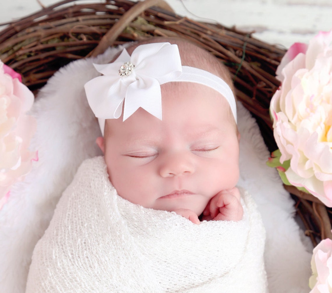 Ribbon Bow on Soft Stretch Elastic With a Rhinestone Center | Etsy