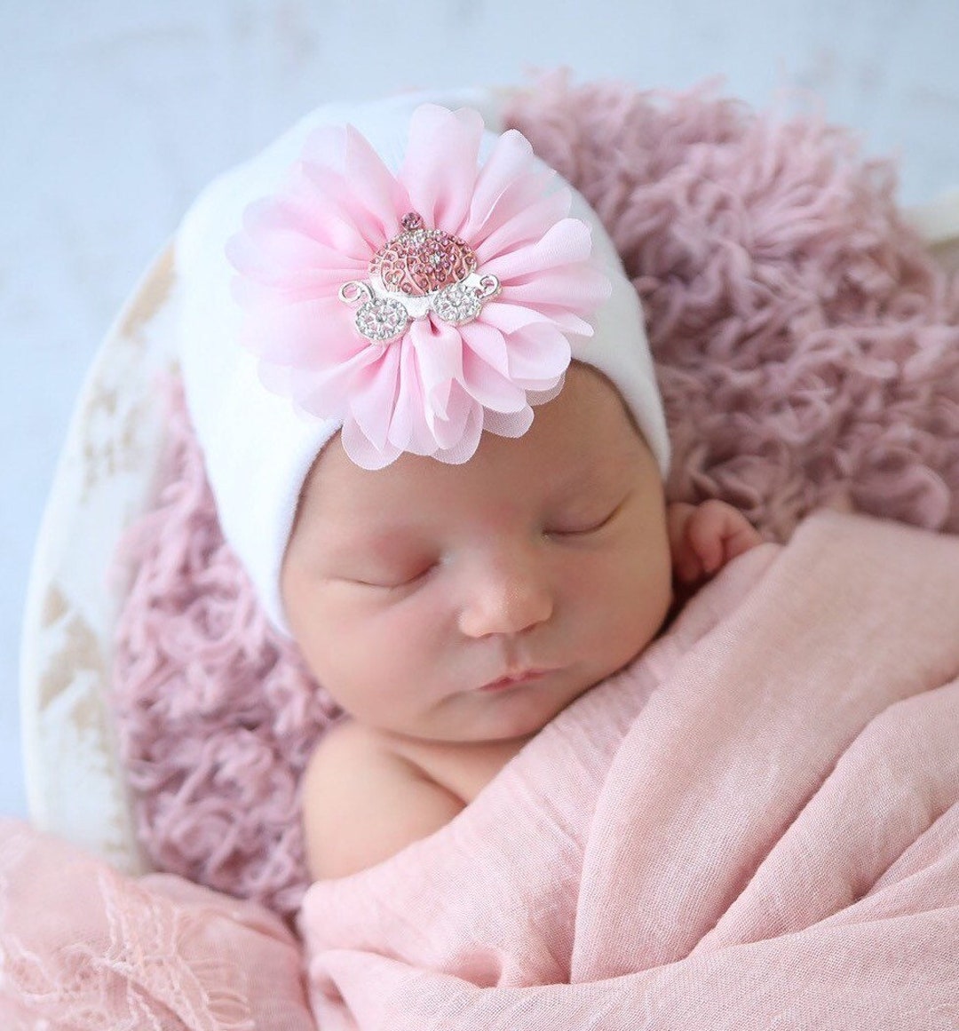 Newborn Hospital Hat, for Baby Girl, White With a Pink Flower and ...