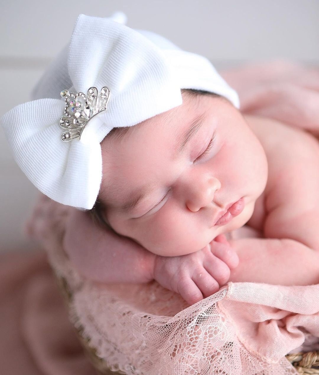 Princess Crown Newborn Hospital Hat, White, Large Bow and a Silver ...