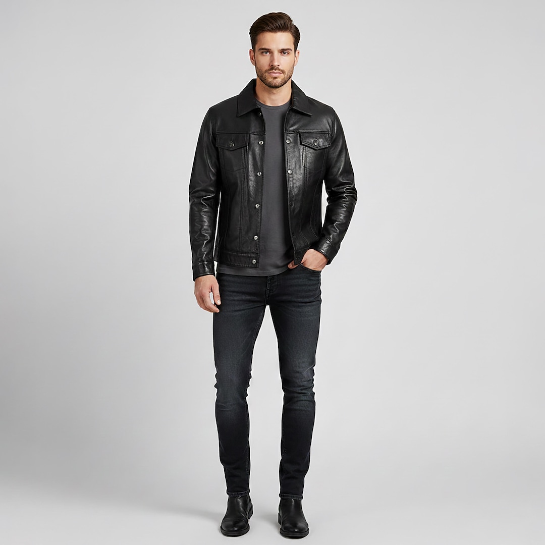 Men Simple Black Leather Jacket, Men's Handmade Biker Style Bomber ...