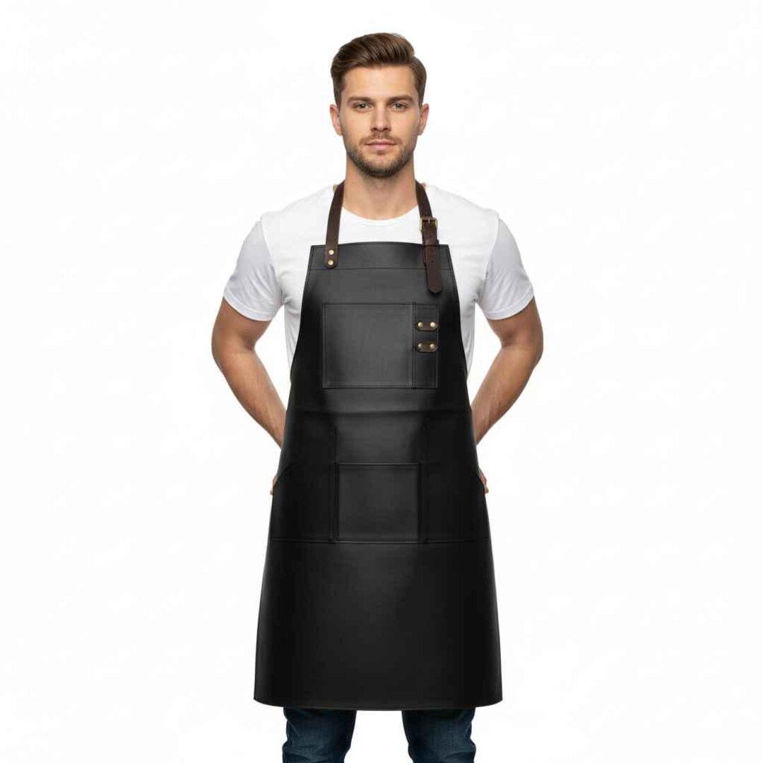 Men's Black Leather Apron, Blacksmith Barber Tool Pockets Leather Apron ...