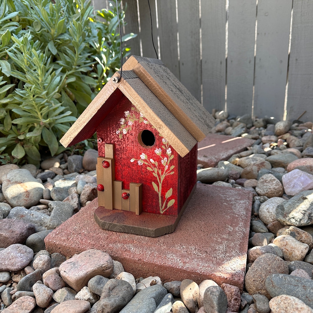 Rustic Birdhouse, Red, Functional Bird House, Outdoor Birdhouse, Bird ...