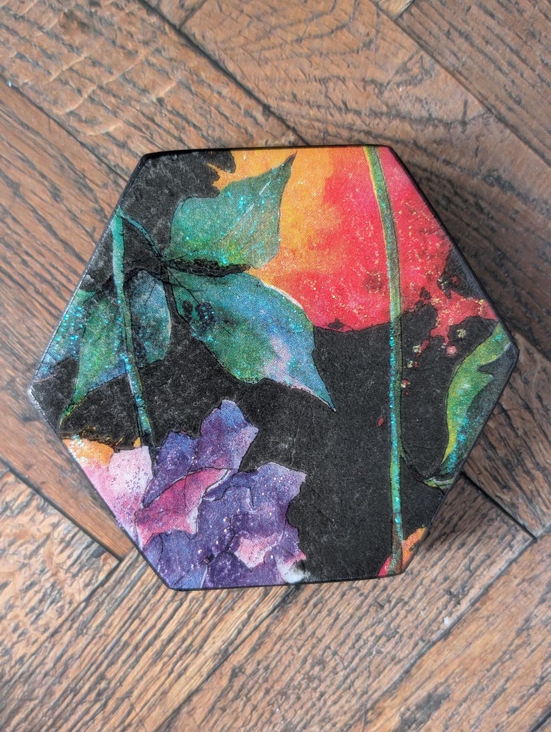 Dark Floral Watercolour Marble Coaster - Botanical Home Decor, Bold ...