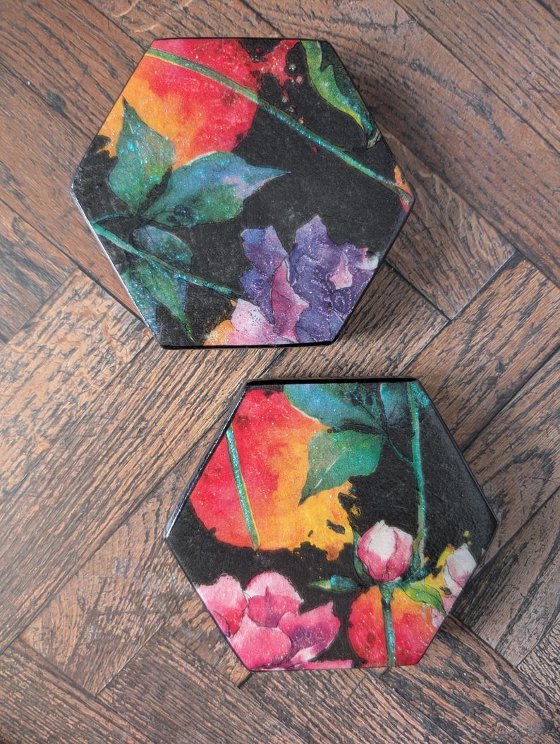 Dark Floral Watercolour Marble Coaster - Botanical Home Decor, Bold ...