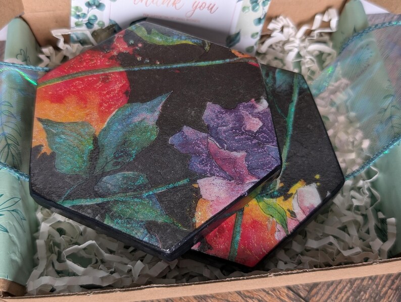 Dark Floral Watercolour Marble Coaster - Botanical Home Decor, Bold ...