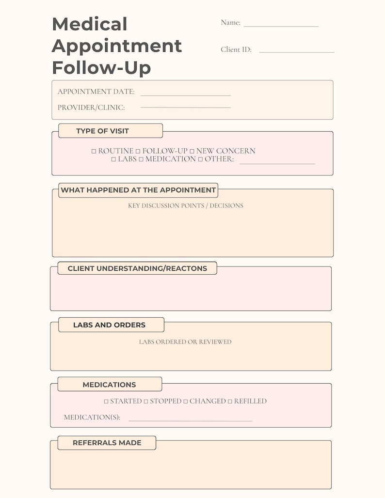 Medical Appointment Follow-up Sheet | Case Manager Printable (canva ...