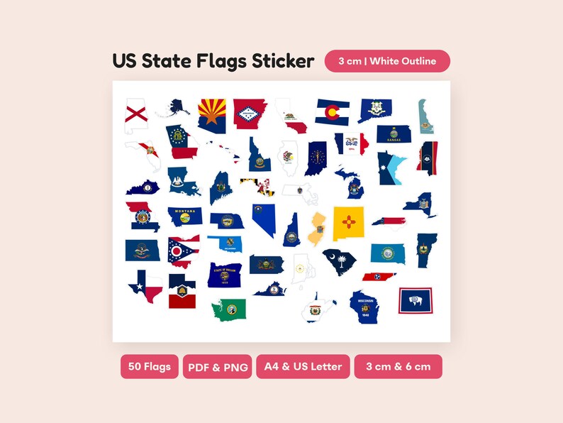 50 United States State Flag Maps Clipart Printable Stickers (SVG, PNG ...