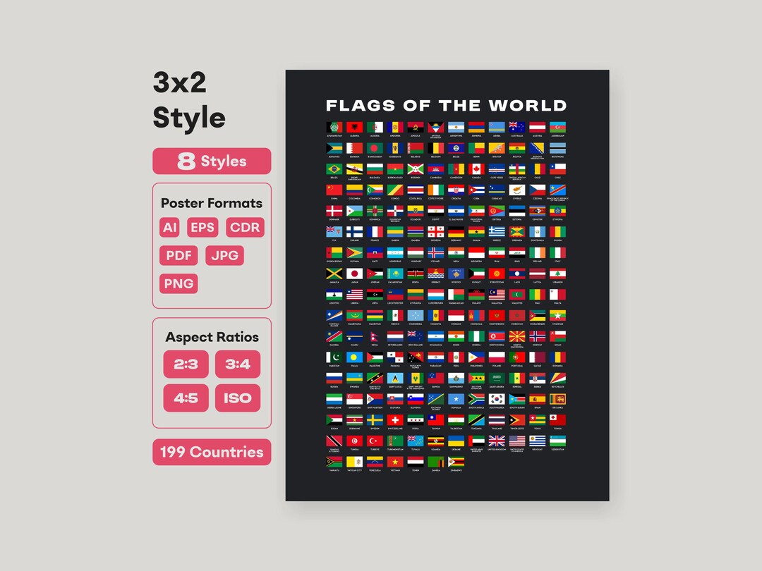 World Flags Poster Printable - 199 Countries Dark Theme Wall Art ...