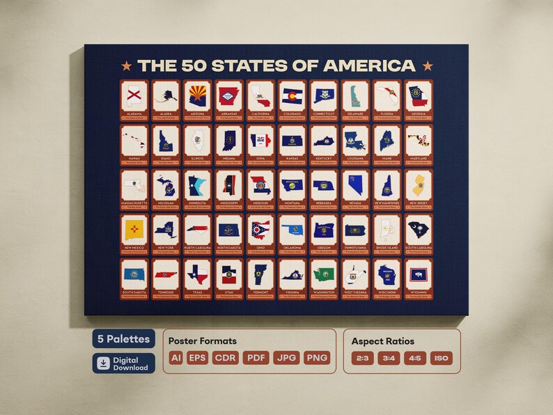 US State Flag Map Poster Printable | 50 States USA Wall Art & Geography ...