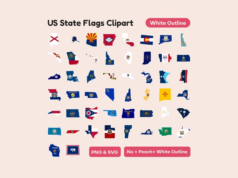 50 United States State Flag Maps Clipart Printable Stickers (SVG, PNG ...
