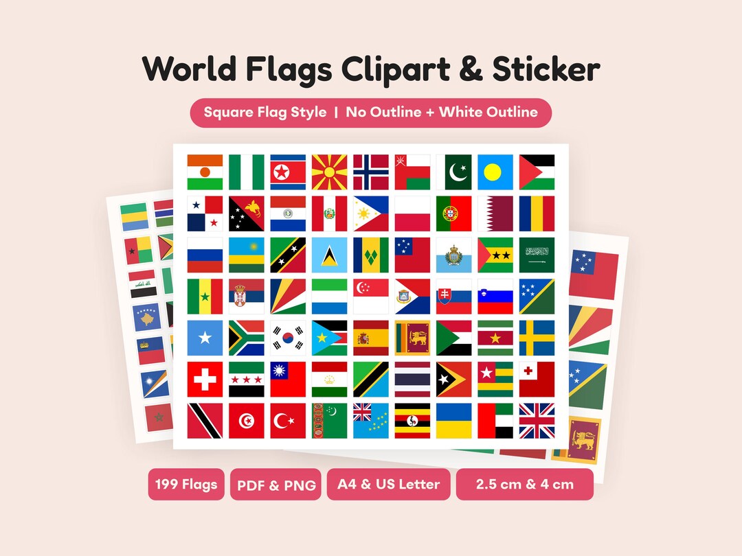 World Flags Clipart - Square Flag - 199 Countries Printable Sticker ...