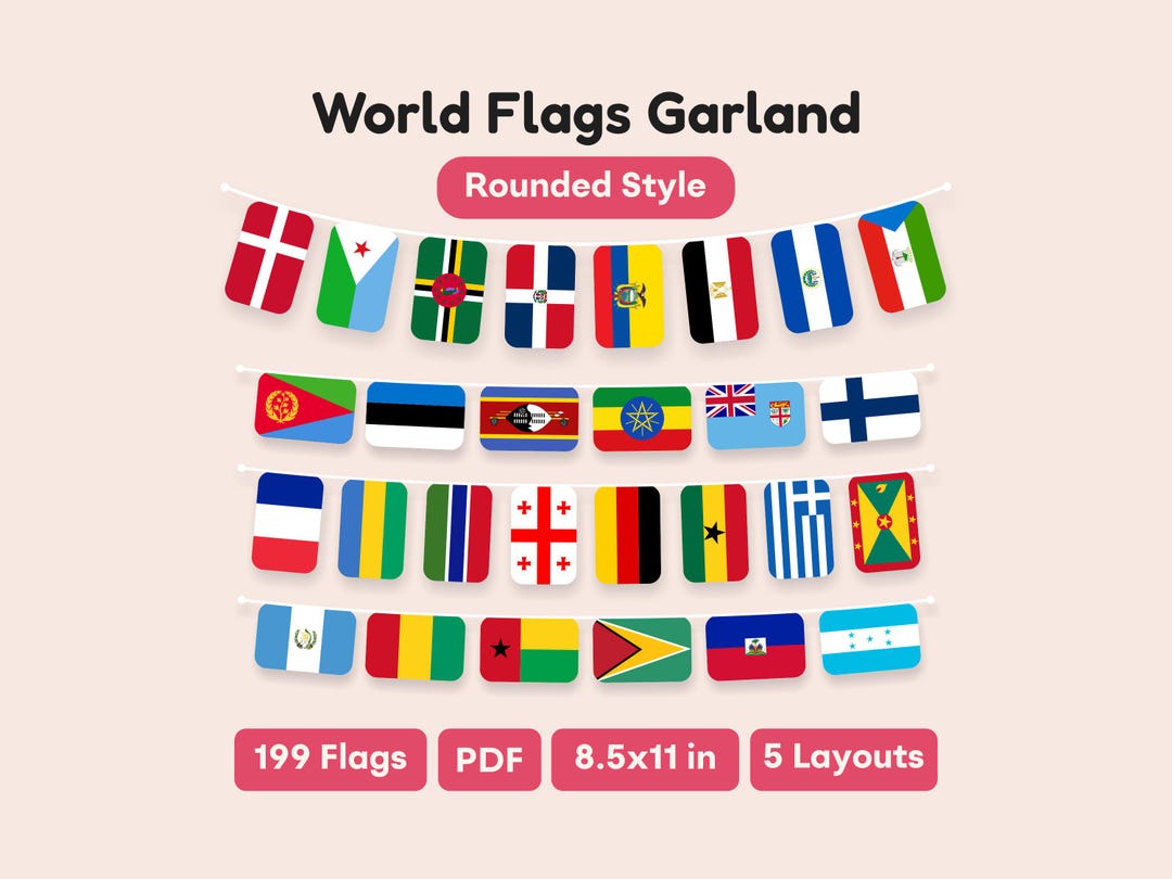 World Flags Garland Printable PDF - 199 Countries Rounded Banner ...