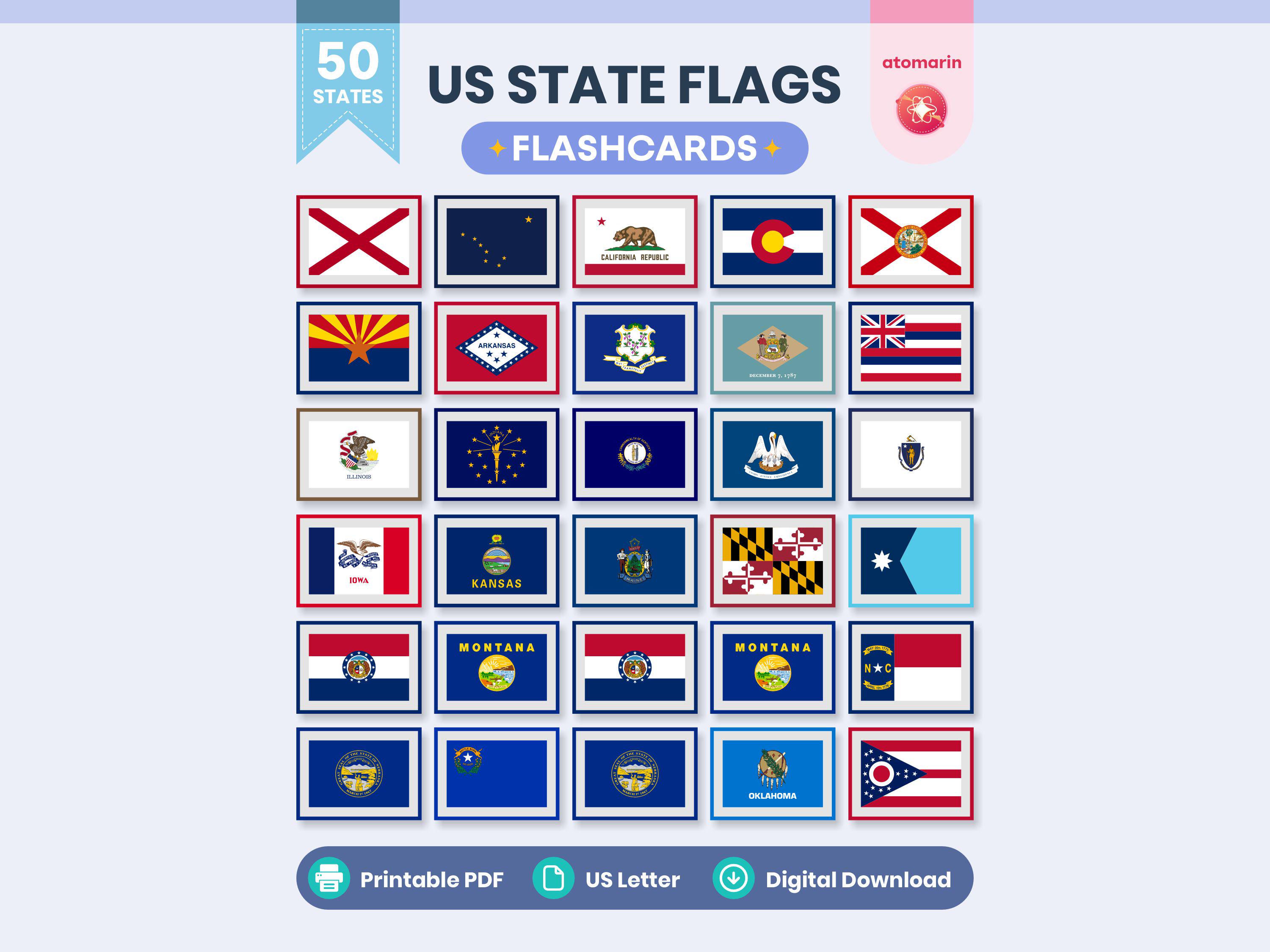 US State Flashcards Printable PDF | 50 States, Kids Geography Memory ...