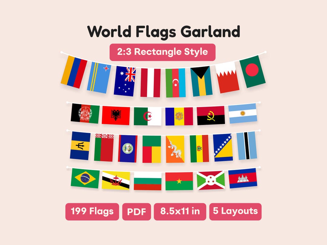 World Flags Garland Printable PDF - Rectangle Banner Bunting - 199 ...