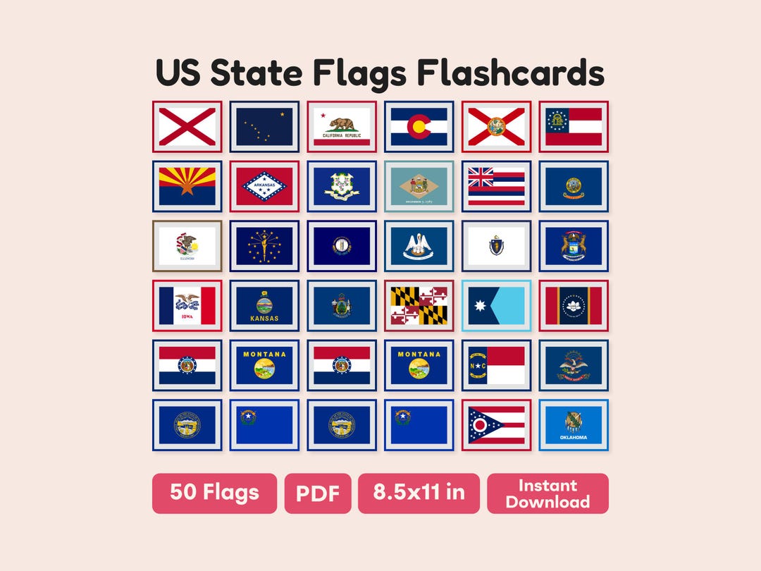 50 US State Flag Flashcards Printable PDF - American Flags Educational ...