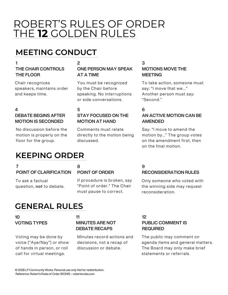 Robert’s Rules of Order Cheat Sheet • Printable 12 Golden Rules (PDF ...
