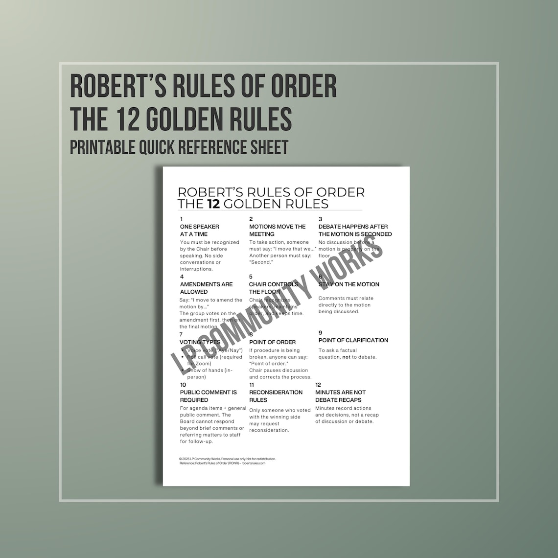 Robert’s Rules of Order Cheat Sheet • Printable 12 Golden Rules (PDF ...