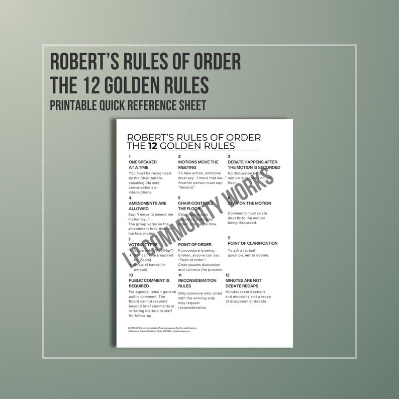 Robert’s Rules of Order Cheat Sheet • Printable 12 Golden Rules (PDF ...