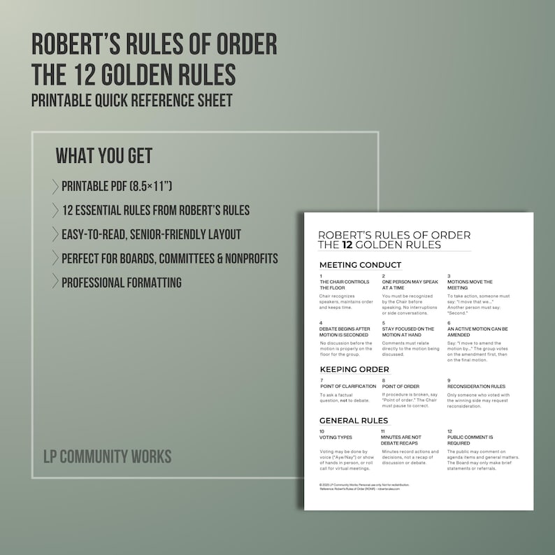 Robert’s Rules of Order Cheat Sheet • Printable 12 Golden Rules (PDF ...
