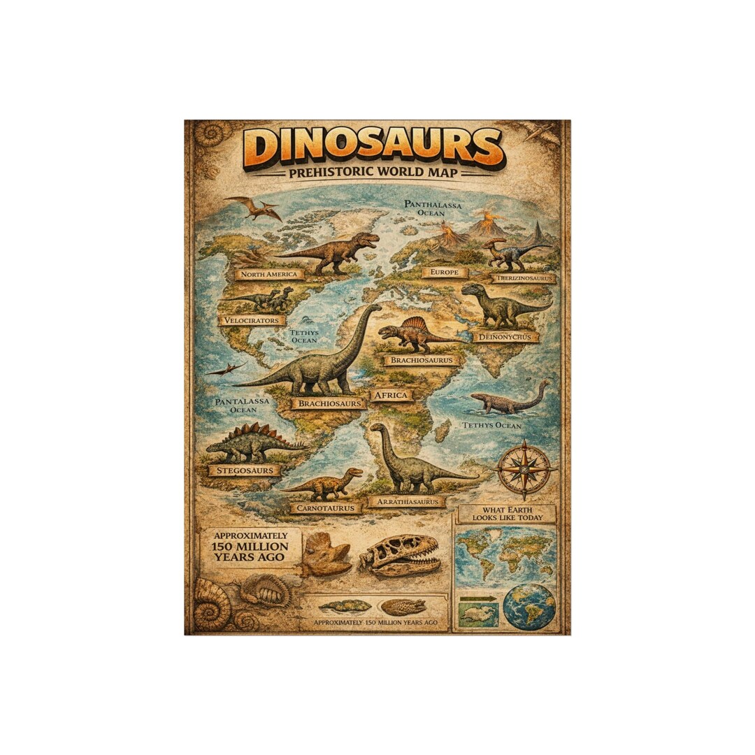 Prehistoric Dinosaurs World Map Poster | Fine Art Posters - Etsy