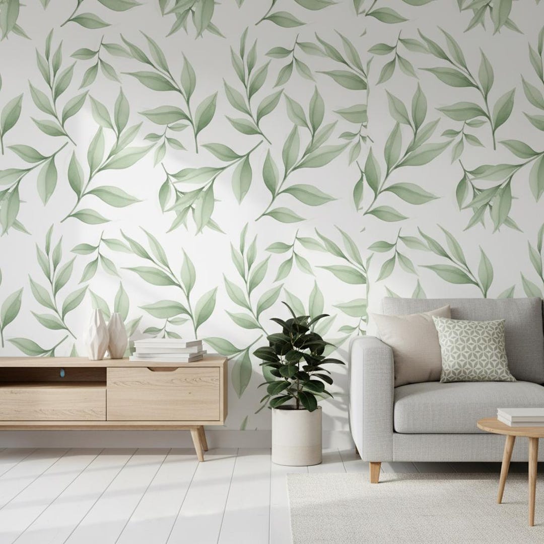 Minimal Botanical Wall Art, Sage Green Leaves Pattern, Modern Nature ...