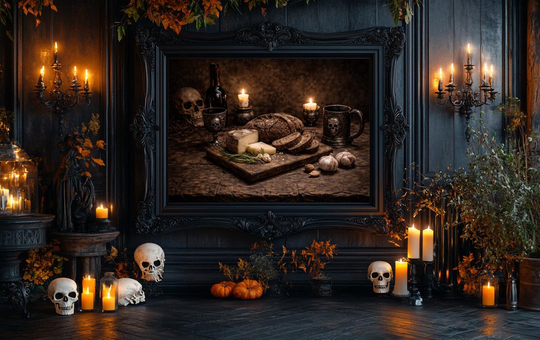 Gothic Kitchen Wall Art, Medieval Bread Cheese Wine Still Life, Dark ...