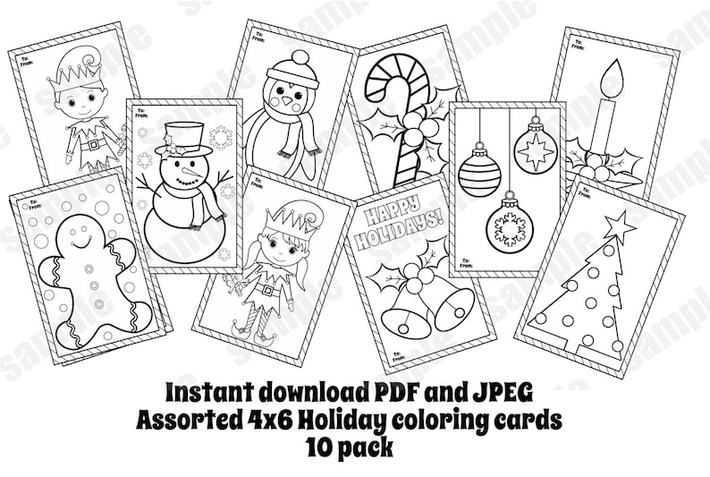 Christmas Coloring Cards Assorted 10 Pack Coloring Pages 4x6 | Etsy