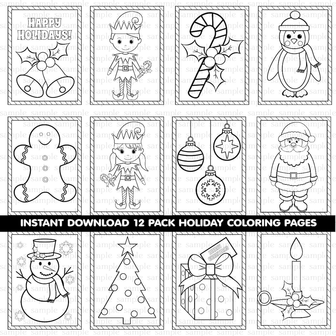 Christmas Coloring Pages Activity Kids Holiday Santa Presents 12 Pack ...
