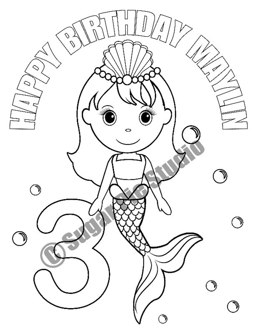 Personalized Mermaid Coloring Page Birthday Party Favor Colouring ...