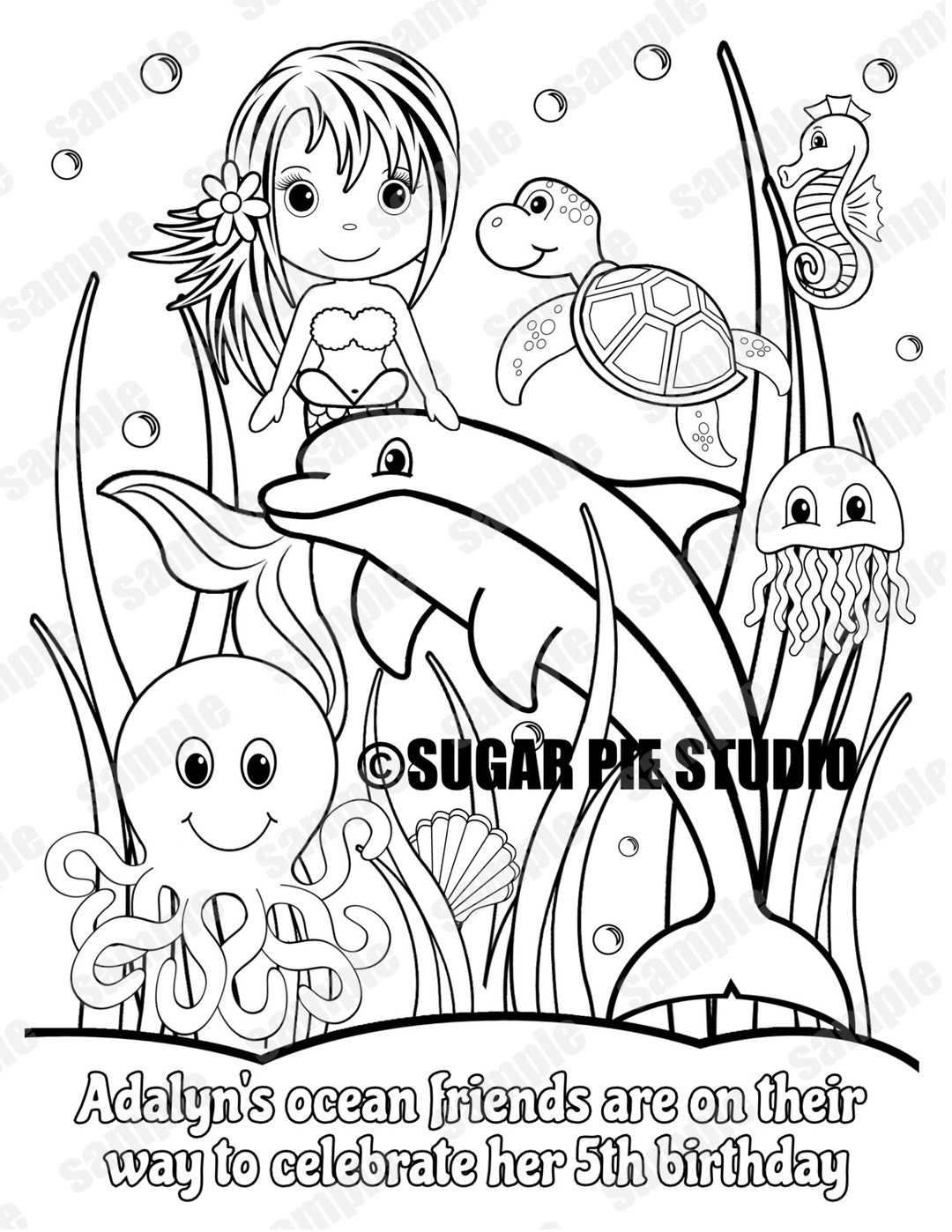 Personalized Mermaid Coloring Page Birthday Party Favor Colouring ...