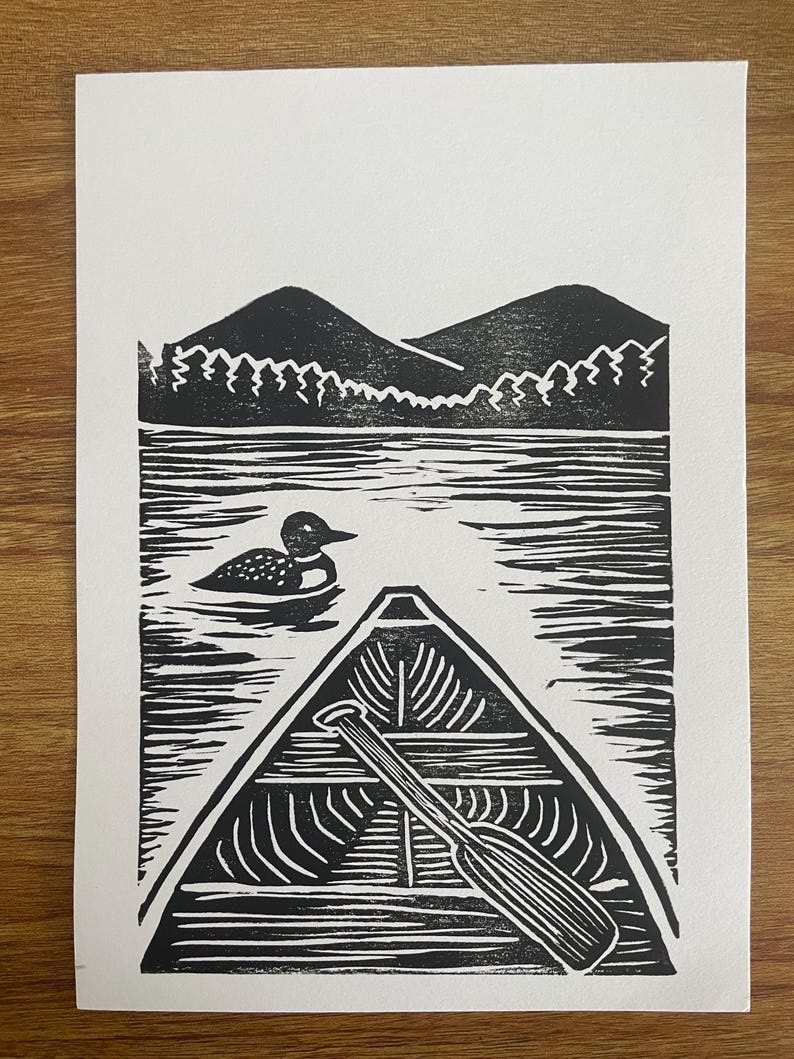 Handmade Adirondack Loon and Canoe Linocut Print - Etsy