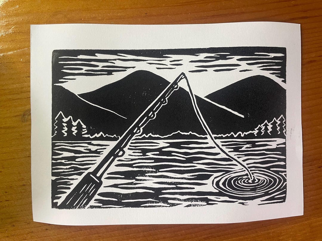 Handmade Adirondack Fishing Linocut Print - Etsy