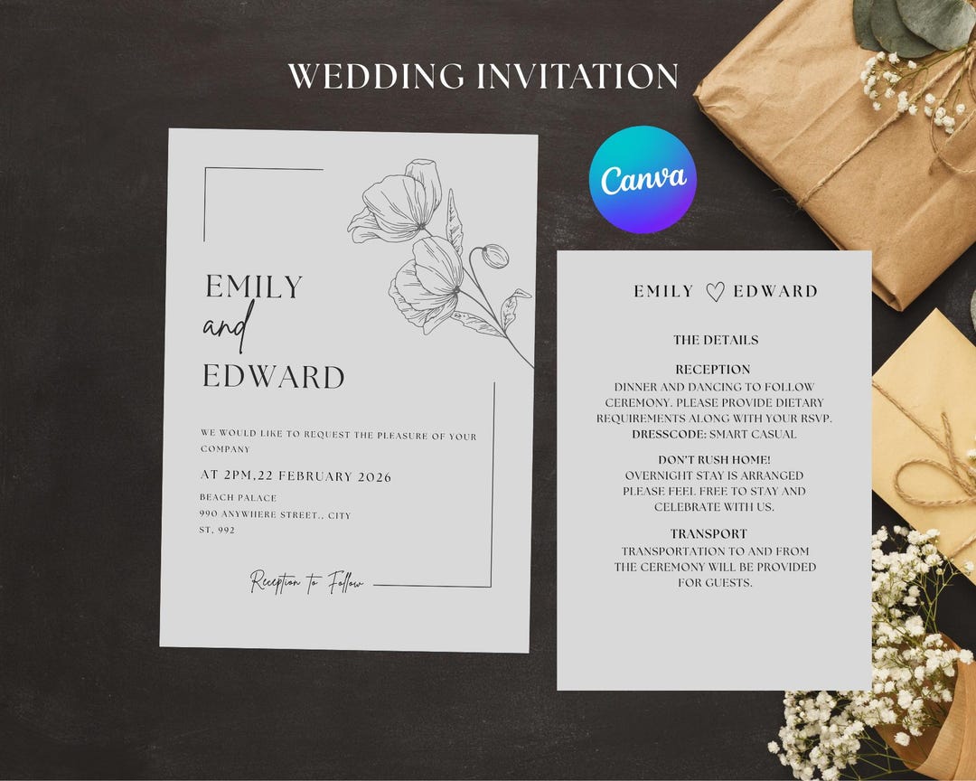 Minimalist Wedding Invitation Template | Editable Canva Design (digital ...