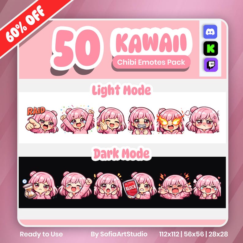 50 Kawaii Chibi Girl Emotes Pack | Pink Anime Stream Reactions (digital ...