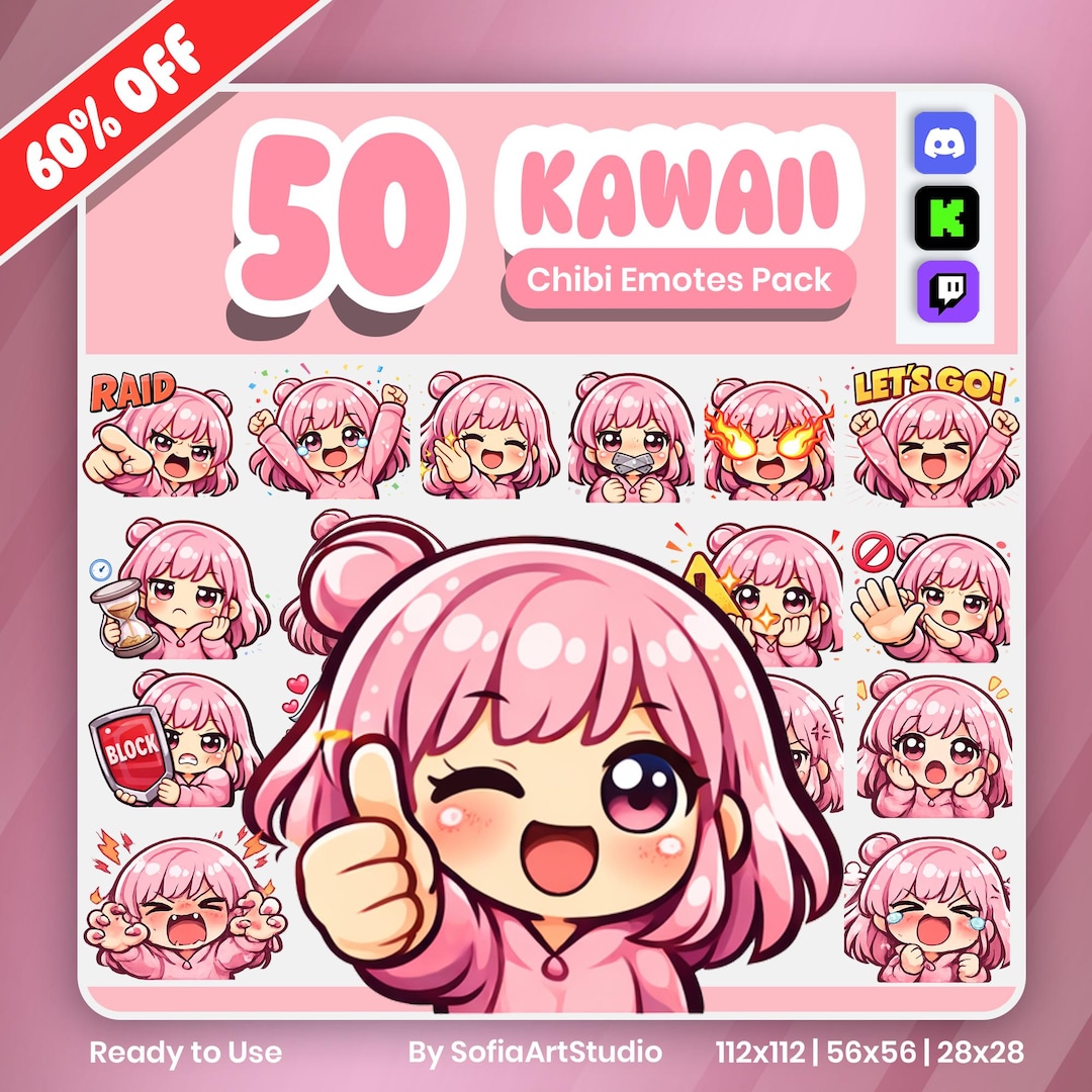 50 Kawaii Chibi Girl Emotes Pack | Pink Anime Stream Reactions (digital ...
