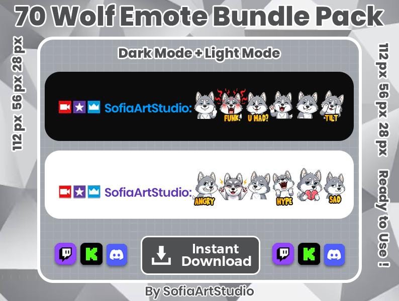 70 Wolf Emotes + 6 Animated | Kawaii Animal Emoji Set | Twitch ...