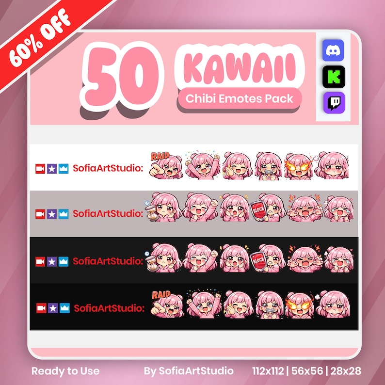 50 Kawaii Chibi Girl Emotes Pack | Pink Anime Stream Reactions (digital ...