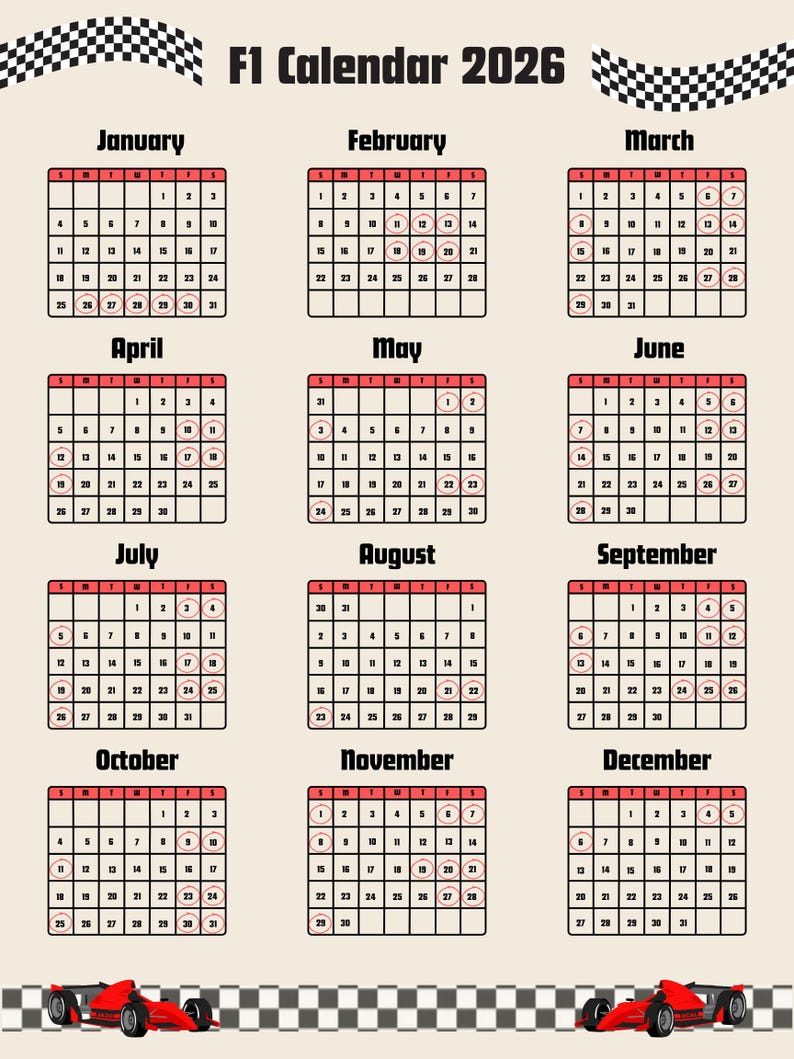 F1 2026 Racing Calendar - Etsy