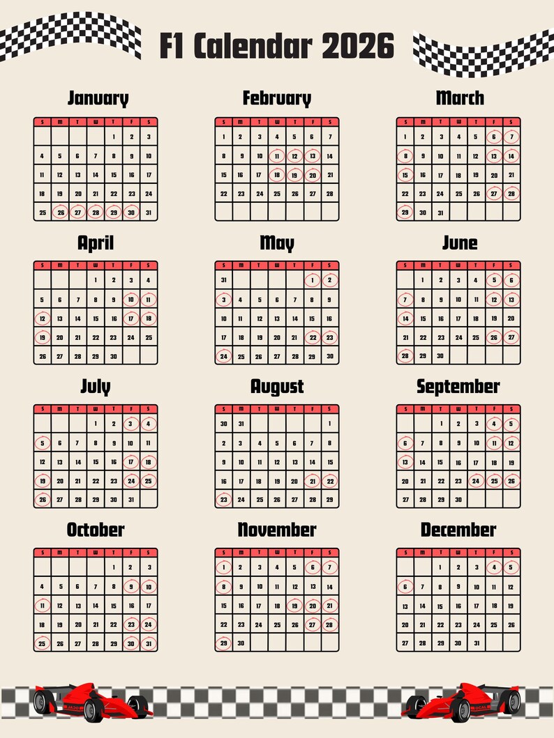 F1 2026 Racing Calendar - Etsy