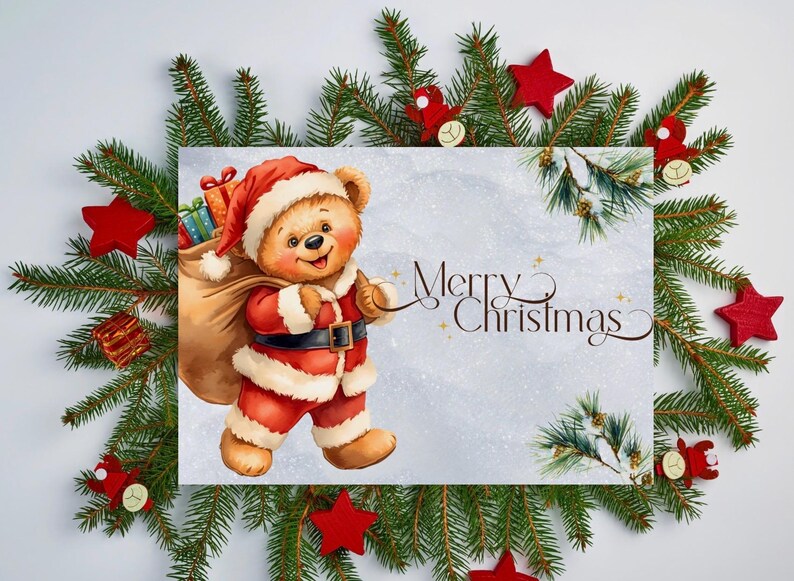 Christmas Card, Teddy Bear Christmas Card, Cute Bear Holiday Card ...