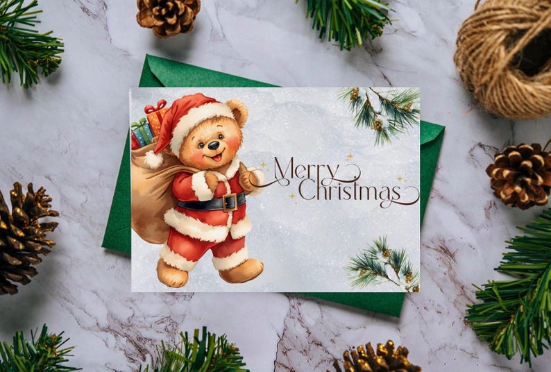 Christmas Card, Teddy Bear Christmas Card, Cute Bear Holiday Card ...