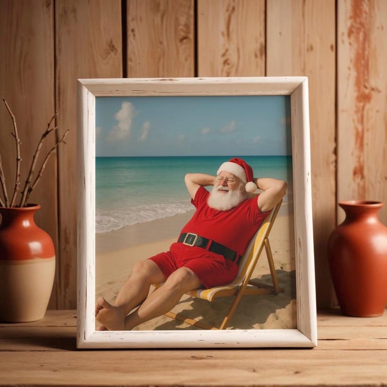 Funny Beach Santa Wall Art – Summer Christmas Decor, Tropical Santa ...